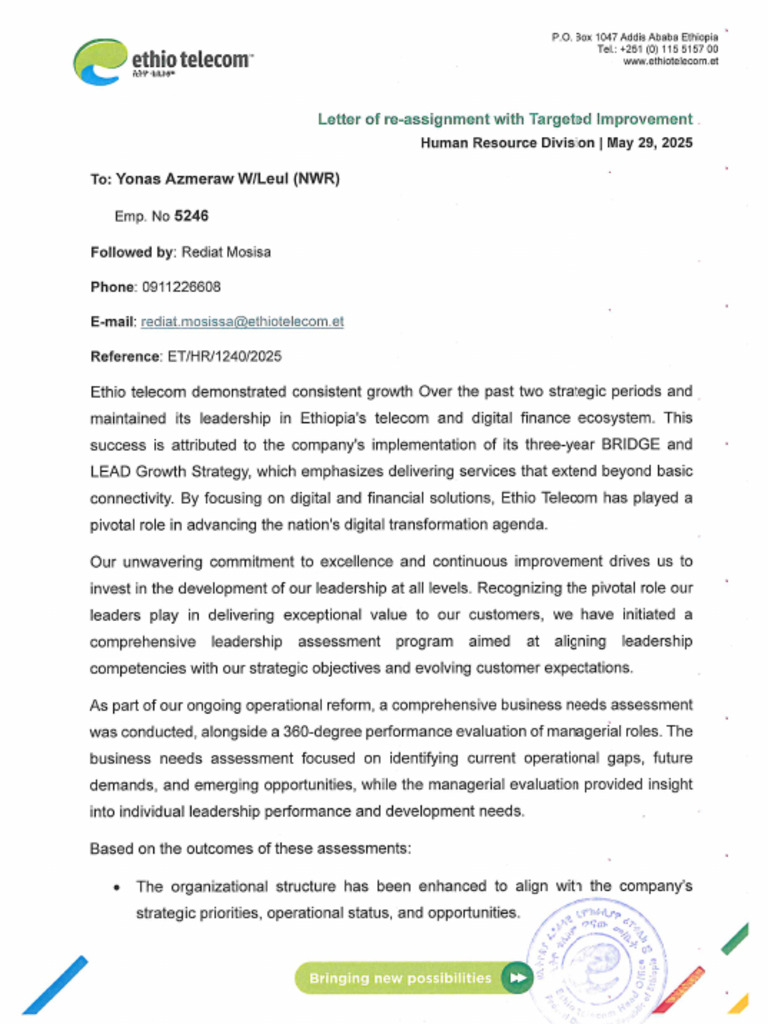 Letter of Reassignment With Targeted Improvement - Yonas Azmeraw WLeul ...