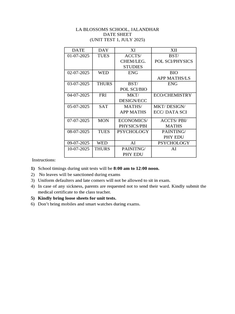 Date Sheet 11th - 12th | PDF