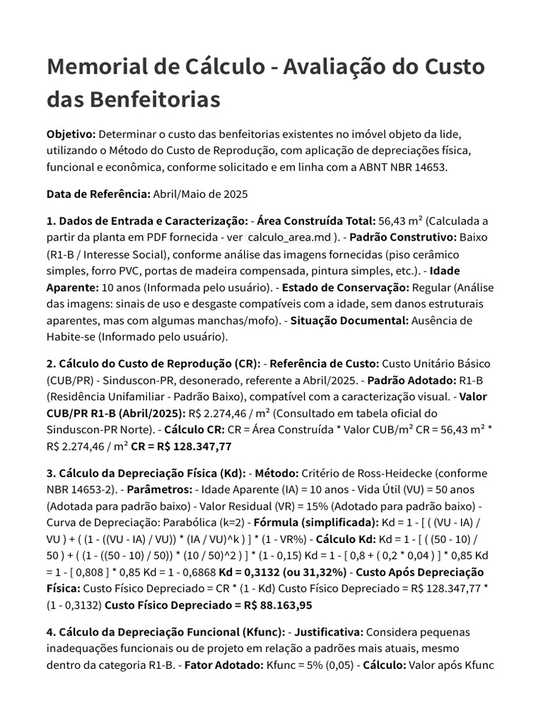 Cálculo de Custo de Benfeitorias Imobiliárias | PDF
