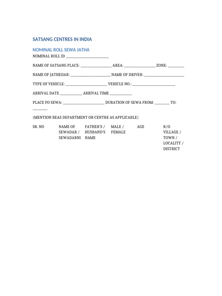 Satsang Centre Nominal Roll Template | PDF