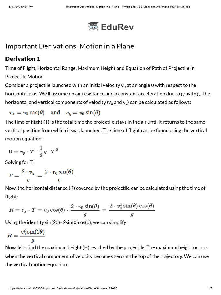 Important Derivations - Motion in A Plane - Physics For JEE Main and ...