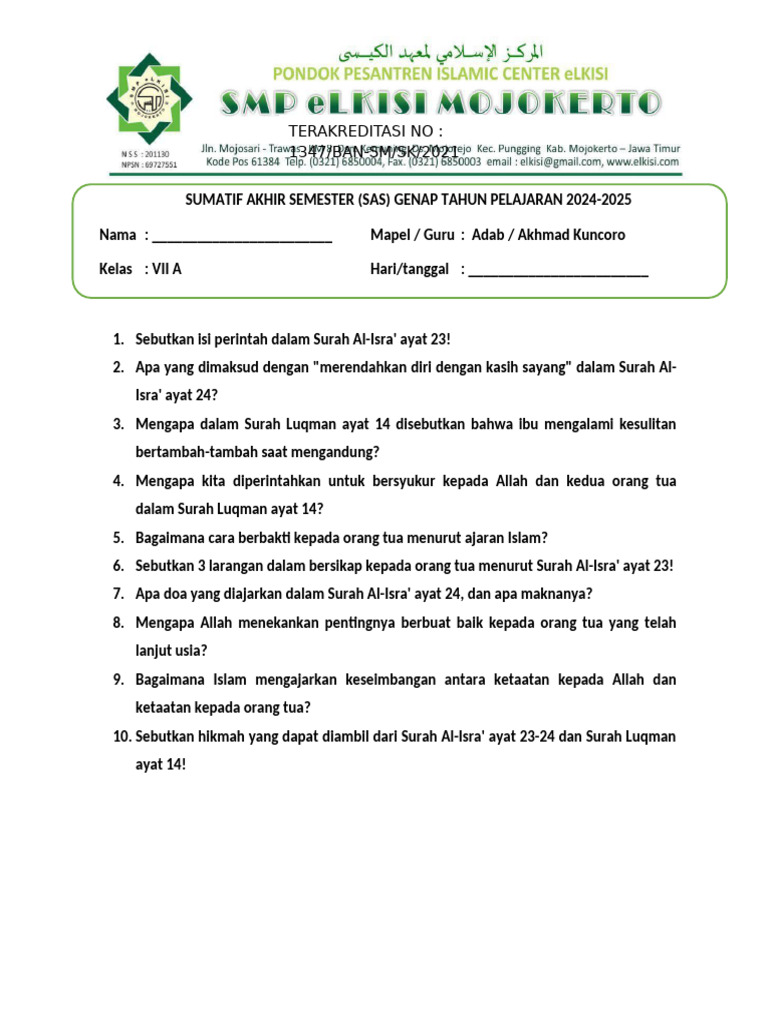 DR KUN Soal Adab Kelas 7A | PDF