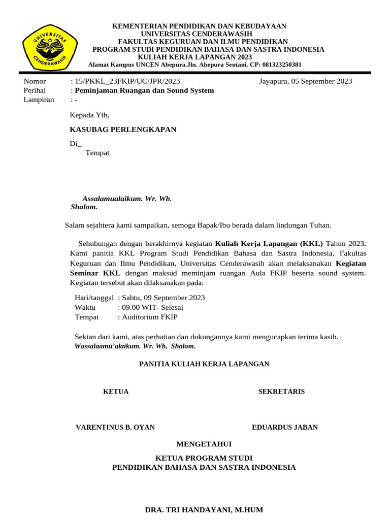 Peminjaman Ruangan Seminar KKL 2023 | PDF