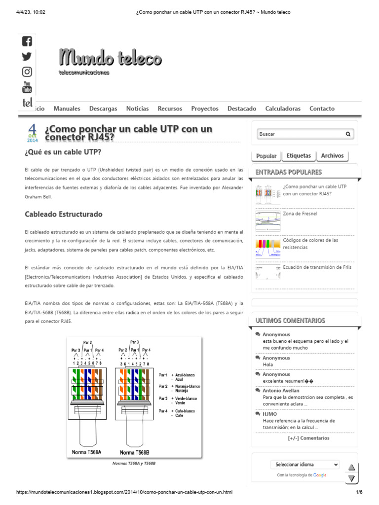 ¿Como Ponchar Un Cable UTP Con Un Conector RJ45 - Mundo Teleco | PDF ...