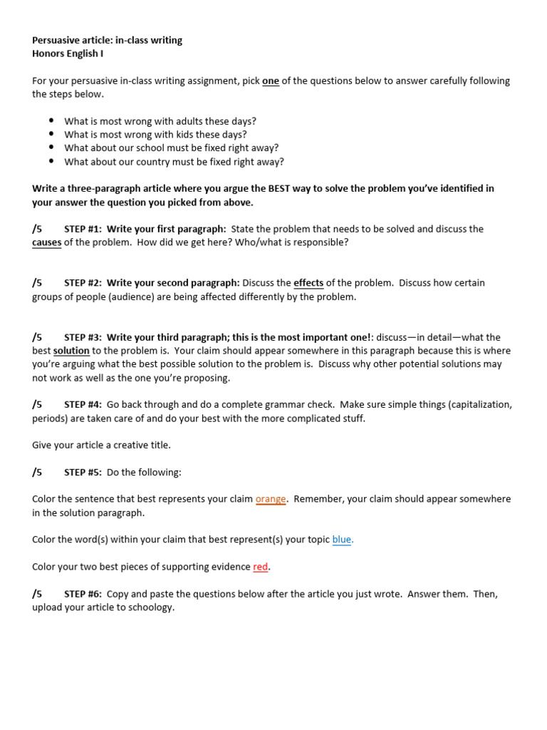 Persuasive Writing Assignment Guide | PDF | Human Communication ...