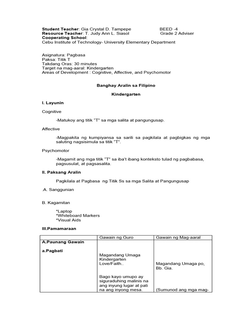 Banghay Aralin Titik T - Kinder | PDF