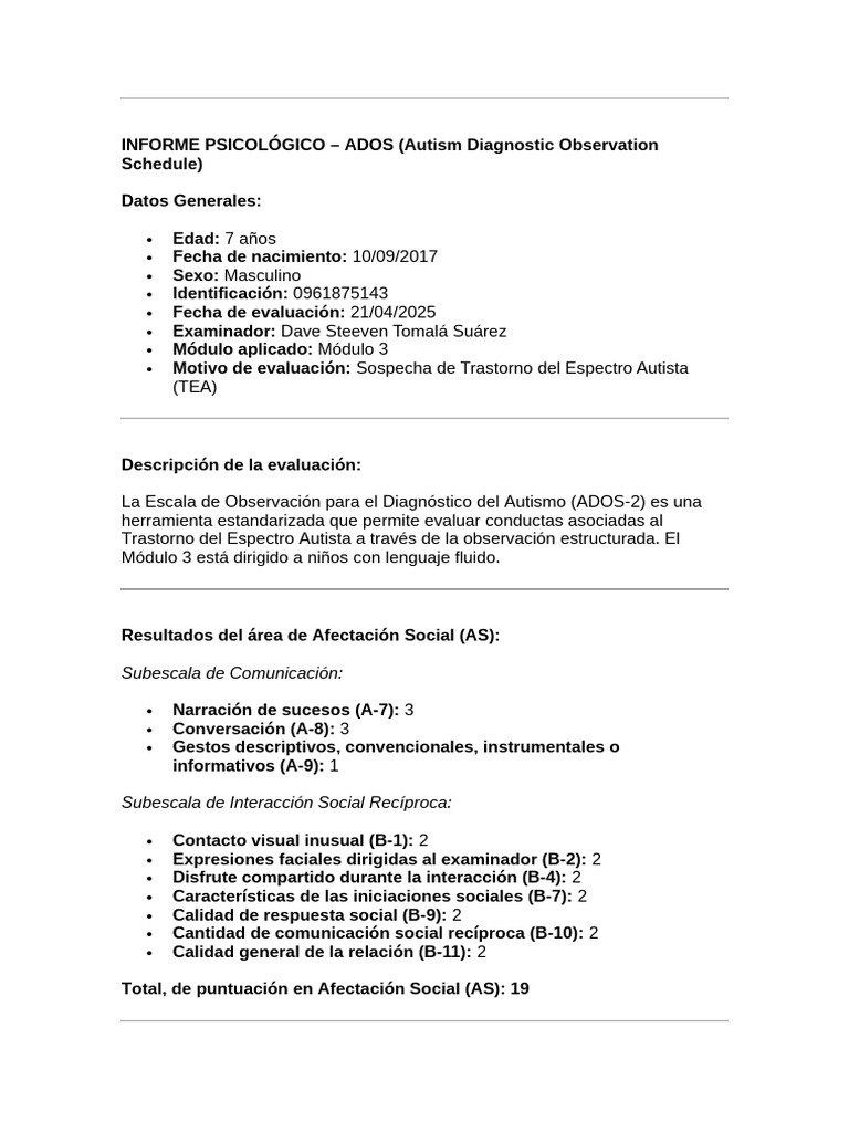 Informe ADOS-2: Evaluación TEA 7 años | PDF | Autismo | Conceptos ...