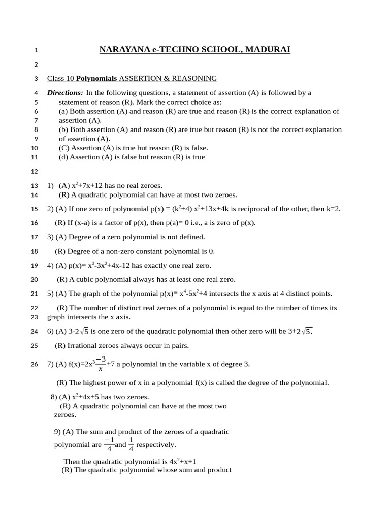 Class 10 Polynomials ASSERTION | PDF | Polynomial | Mathematics