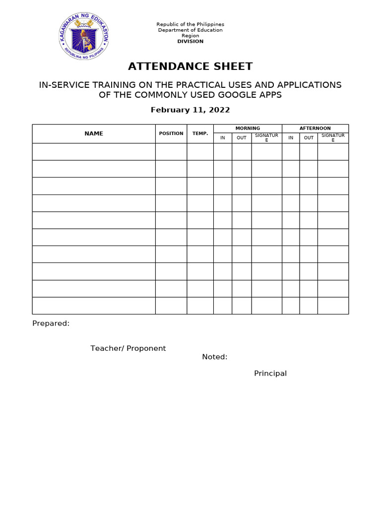 INSET - Attendance Sheet - PRACTICAL USES & APPLICCATIONS of The COMMONLY USED GOOGLE APPS | PDF