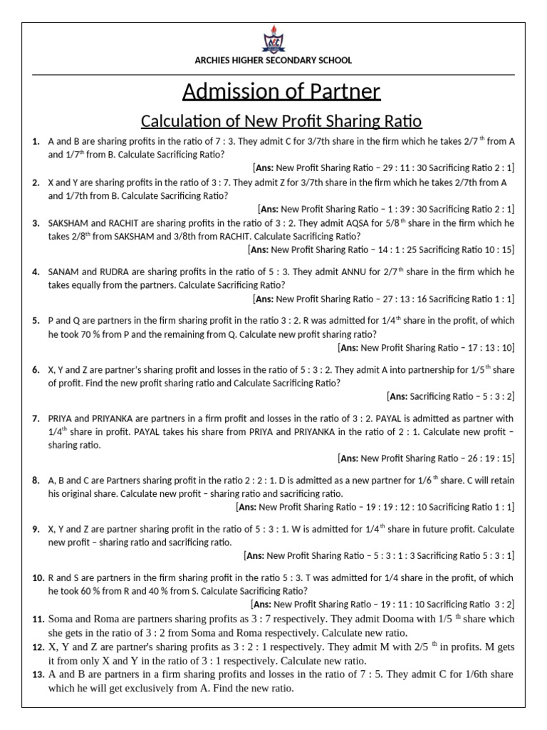 2 - Calculation of New Profit Sharing Ratio (FROM CASE) - Pratice Sheet ...