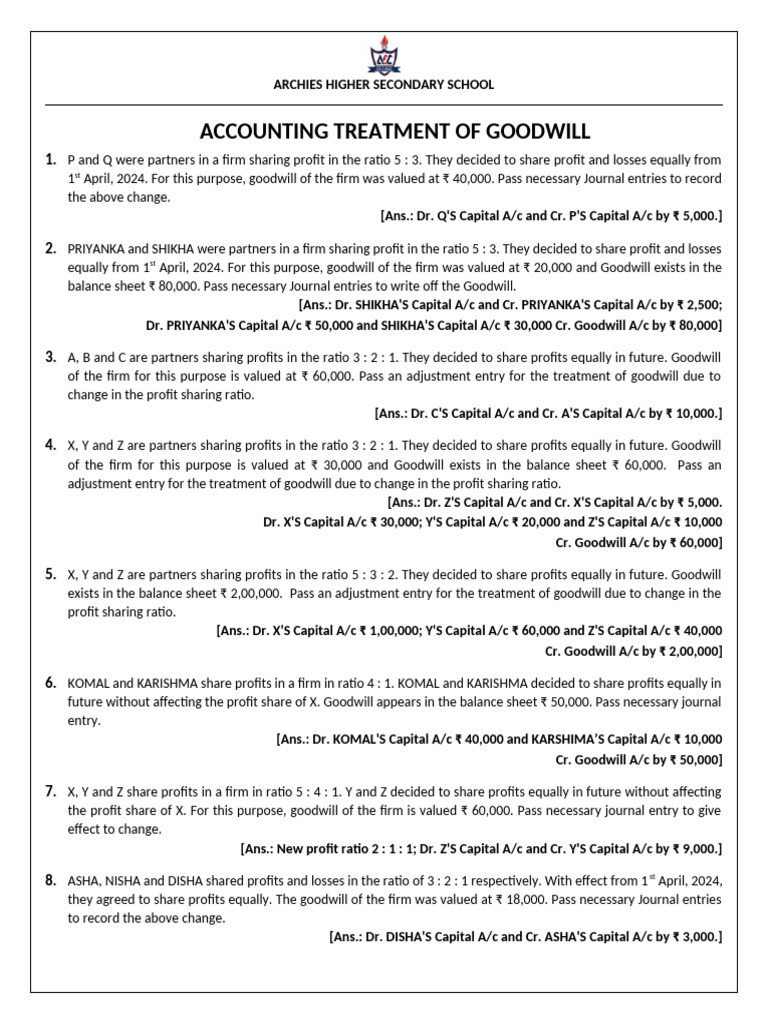 Accounting Treatment of Good Will - Pratice Sheet | PDF | Goodwill ...