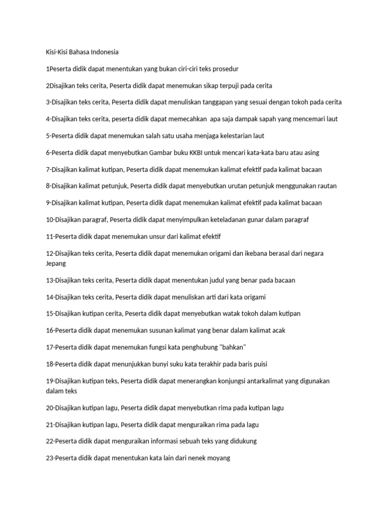 Kisi-kisi Bindo Kls 4 Sms2 | PDF