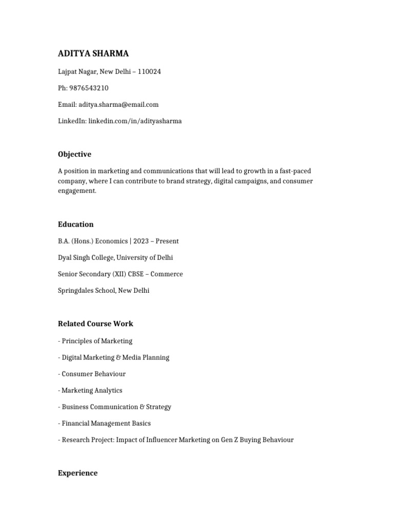 Aditya Sharma Marketing Resume | PDF
