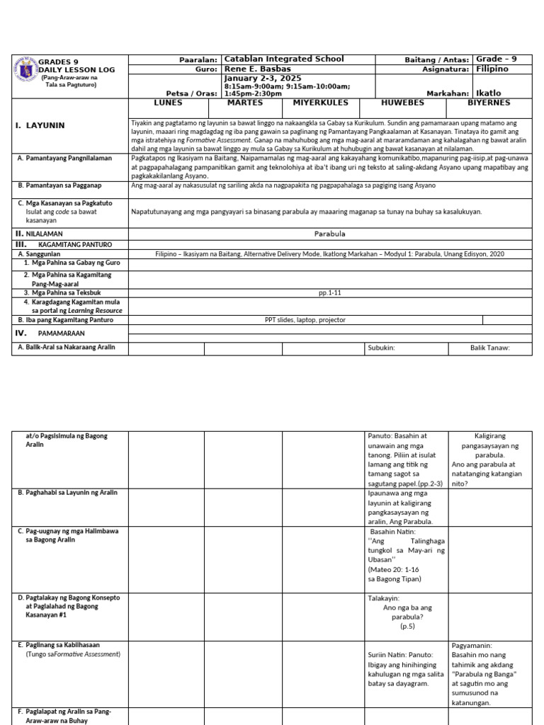 DLL - Filipino 9 q3 - Week #1 2025 | PDF