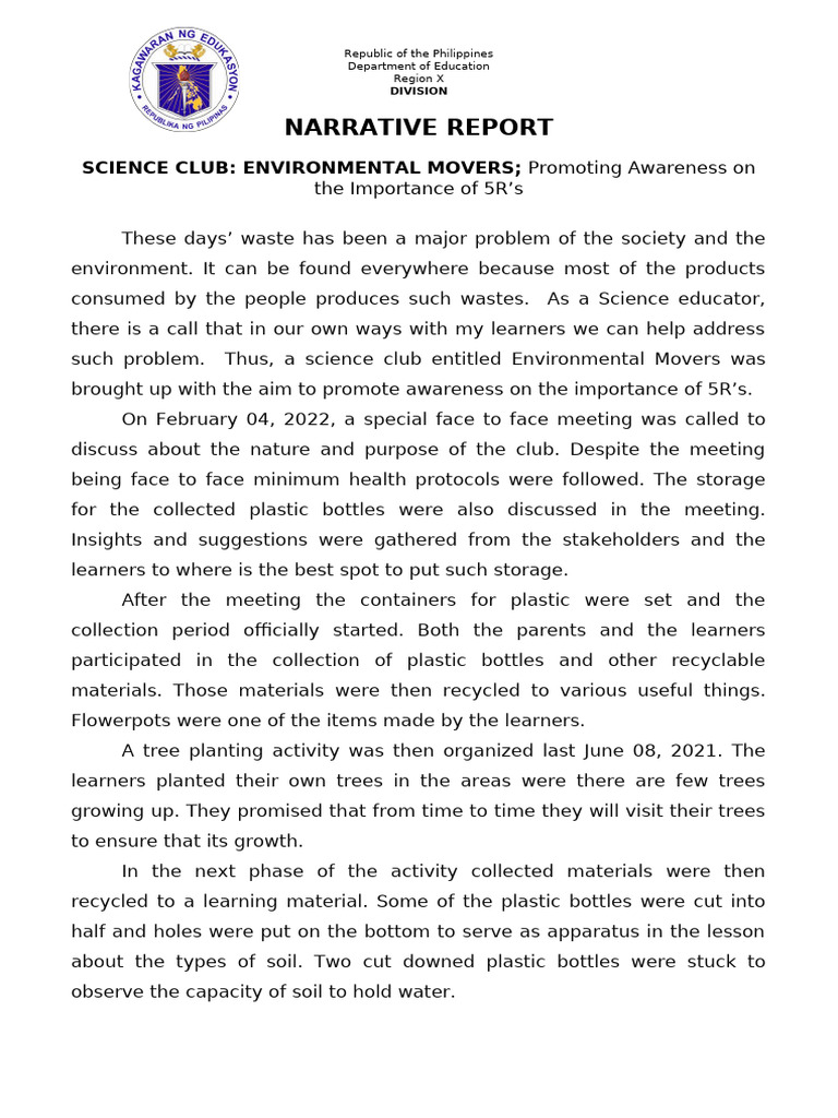 INSET - Narrative Report - Science Club | PDF | Recycling | Plastic