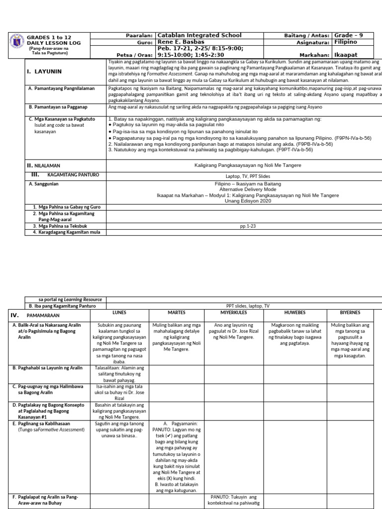 DLL - Filipino 9 - q4 Week # 1 | PDF