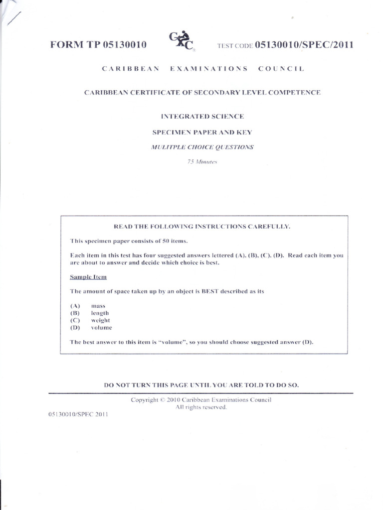 CCSLC Science Specimen Paper 2011 | PDF