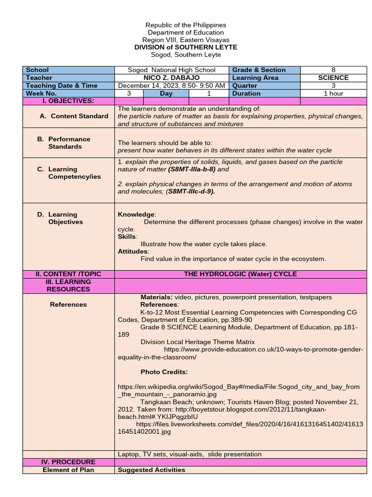 Nico COT 3 Lesson Plan Sy2023 24 Water Cycle Final | PDF | Water ...