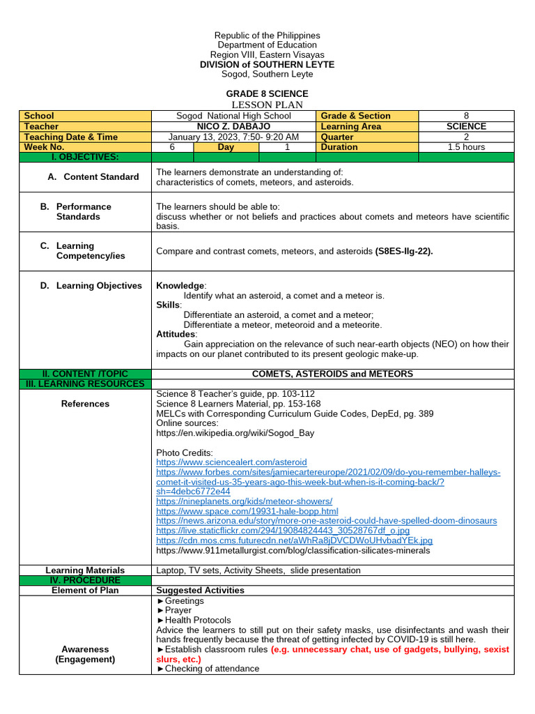 Grade 8 Science Lesson on Comets, Asteroids, and Meteors | PDF ...