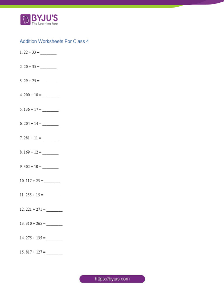 Class 4 Addition Worksheets | PDF