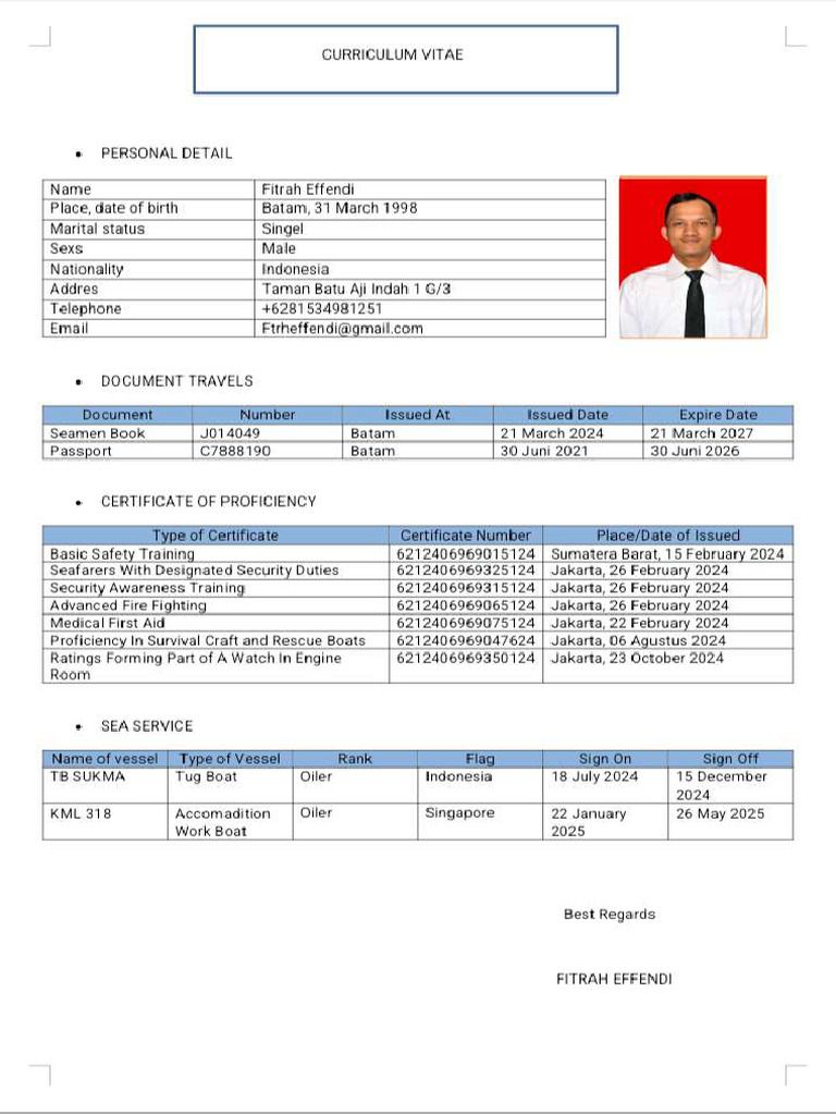 CV Fitrah Effendi-Oiler | PDF