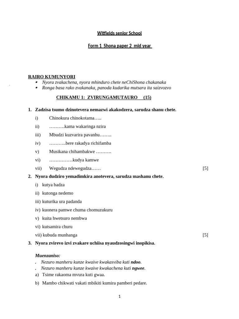 Form 1 Shona Mid-Year Exam Paper | PDF