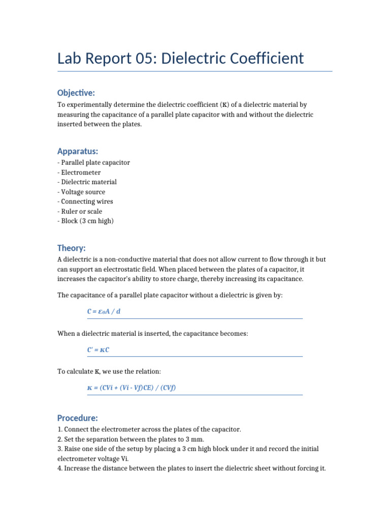 Dielectric Coefficient Lab Report | PDF | Capacitance | Capacitor