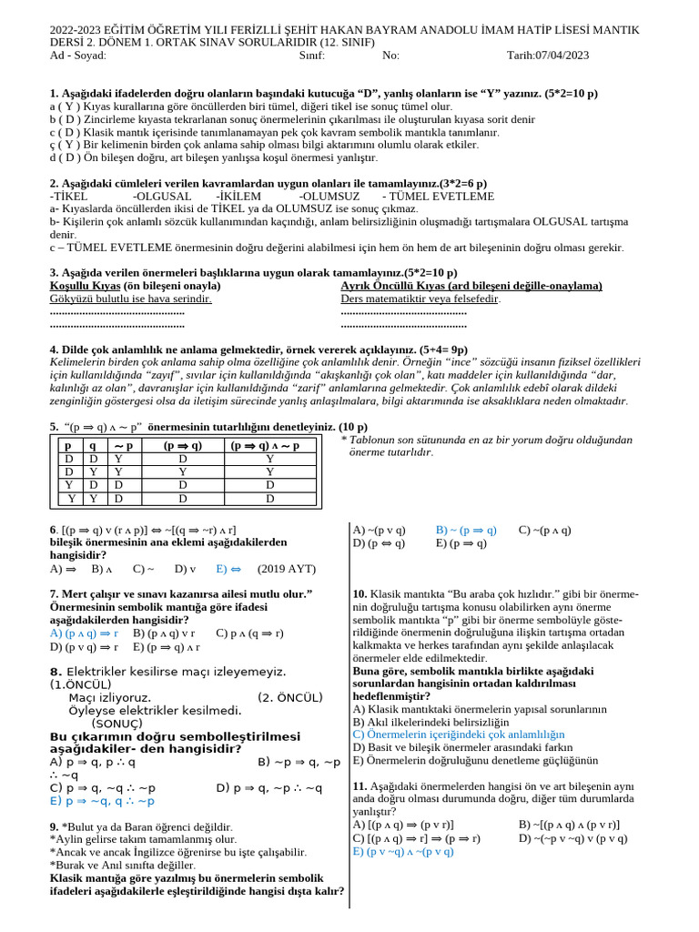 12.Sinif-Mantik-2.Donem-1.-Yazili-Sorulari-Ve-Cevaplari | PDF