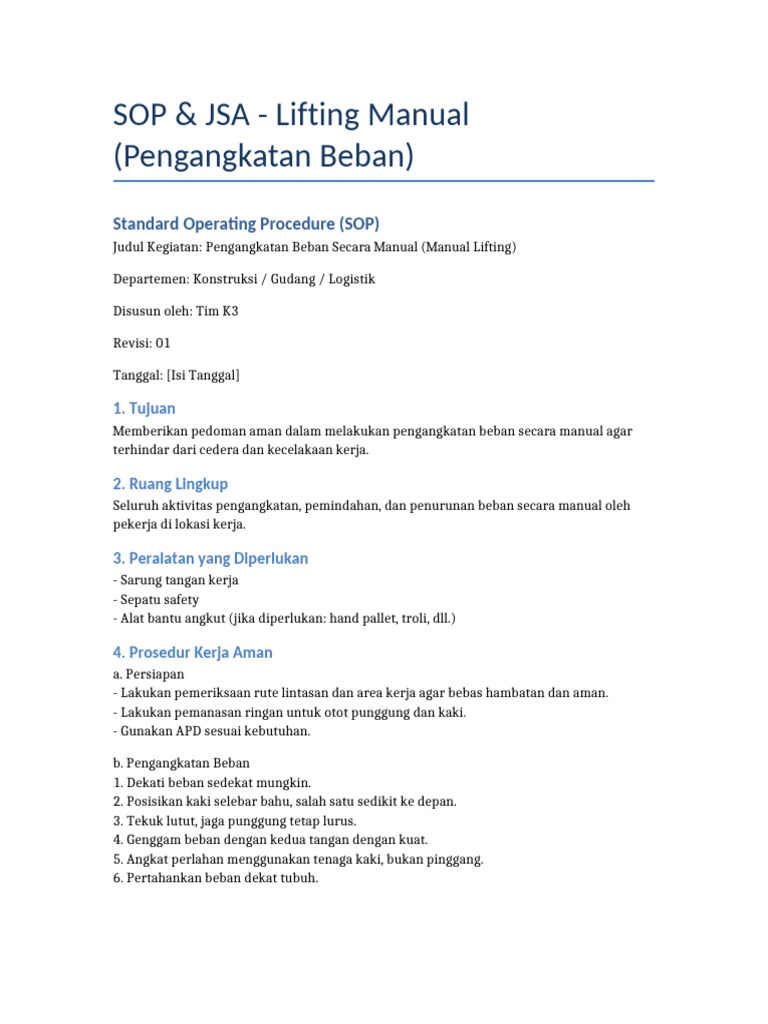 SOP Dan JSA Lifting Manual | PDF