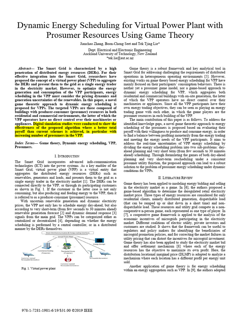Dynamic Energy Scheduling For Virtual Power Plant With Prosumer Resources Using Game Theory | PDF