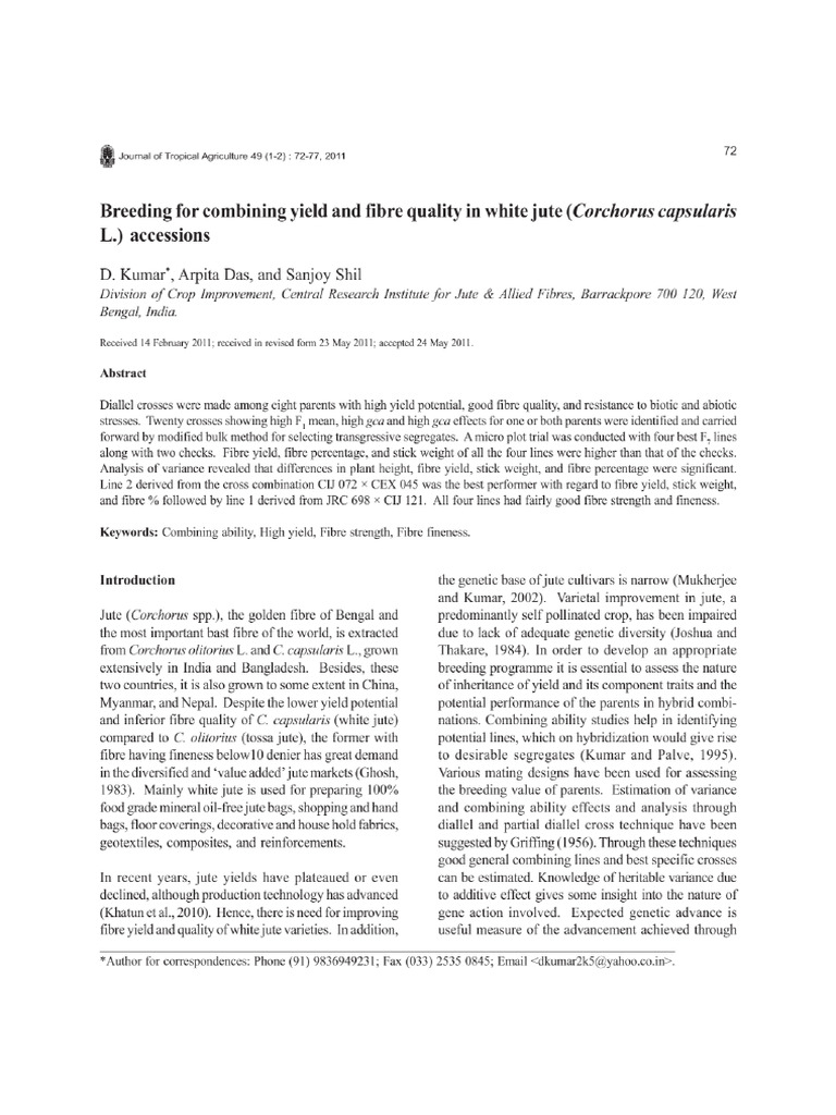 View of Breeding For Combining Yield and Fibre Quality in White Jute ( - I - Corchorus ...
