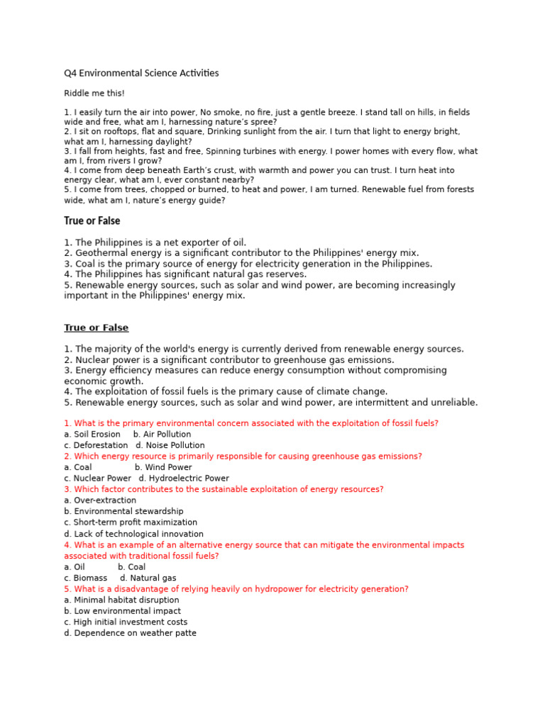 Q4Environmental Science Activities | PDF | Energy Development ...