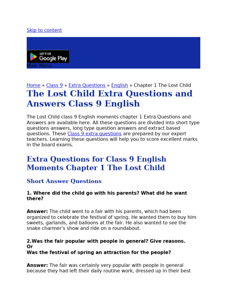 The Lost Child Lesson 1 Class 9 | PDF