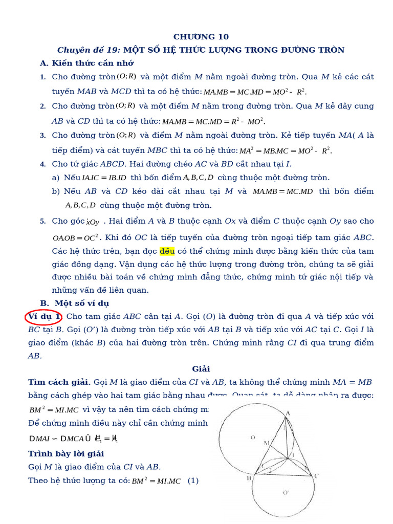 Ôn Thi Vào Lớp 10 Môn Toán Chuyên Đề 19. MỘT SỐ HỆ THỨC LƯỢNG TRONG ĐƯỜNG TRÒN (Xong) | PDF