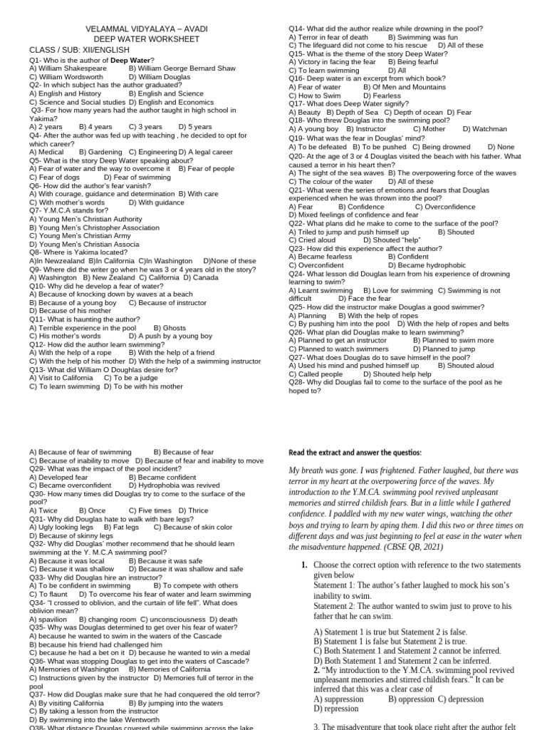 Deep Water MCQ and Extract | PDF | Swimming