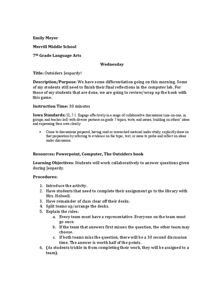 The Outsiders Jeopardy | PDF | Career & Growth | Language Arts & Discipline