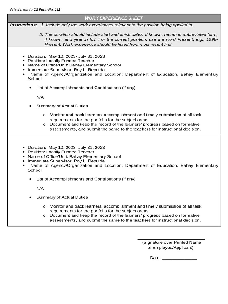 CS Form No. 212 Attachment - Work Experience Sheet | PDF