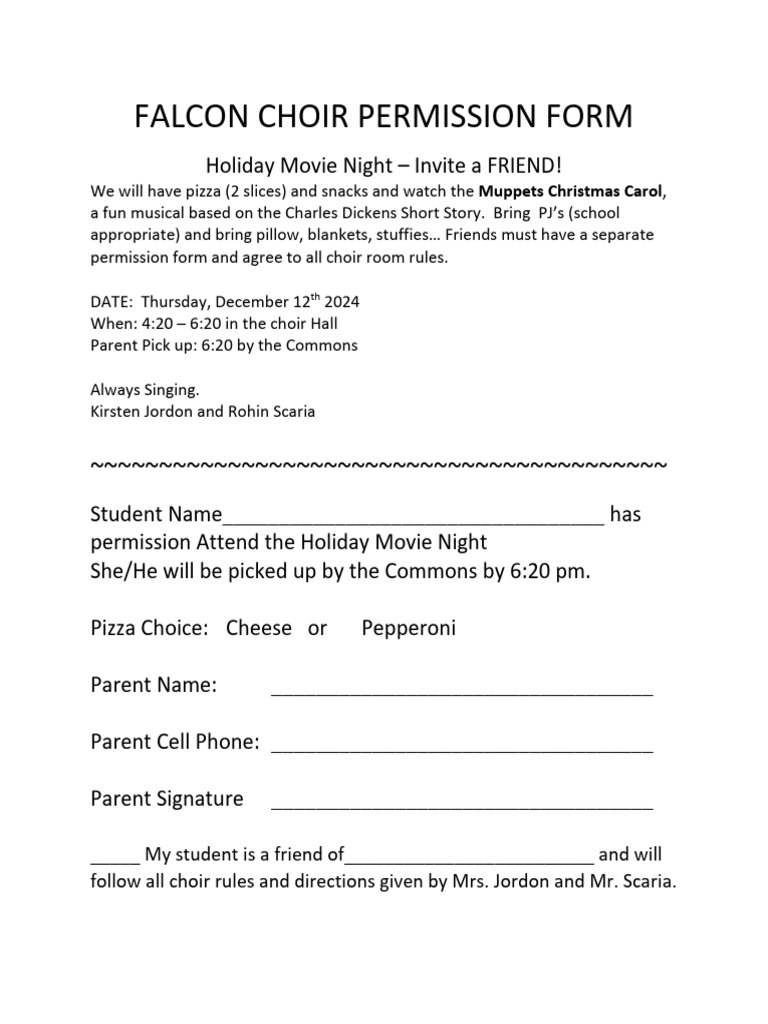 Falcon Choir Permission Form Holiday Movie Night 2024 | PDF