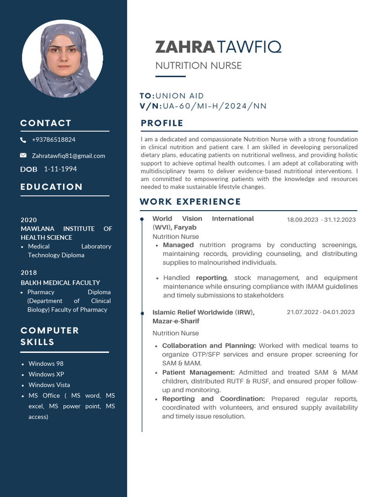 Zahra Tawfiq CV For Union Aid | PDF | Nursing | Public Services