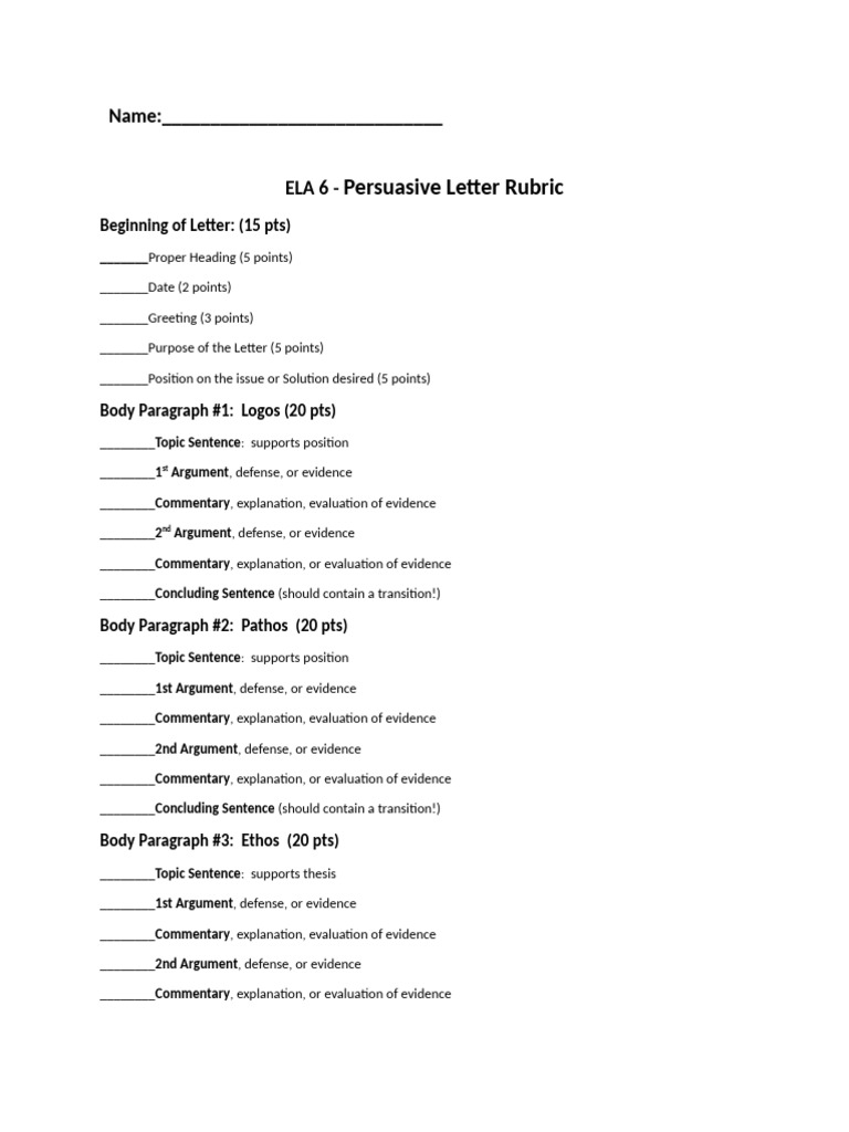 Persuasive Letter Rubric | PDF