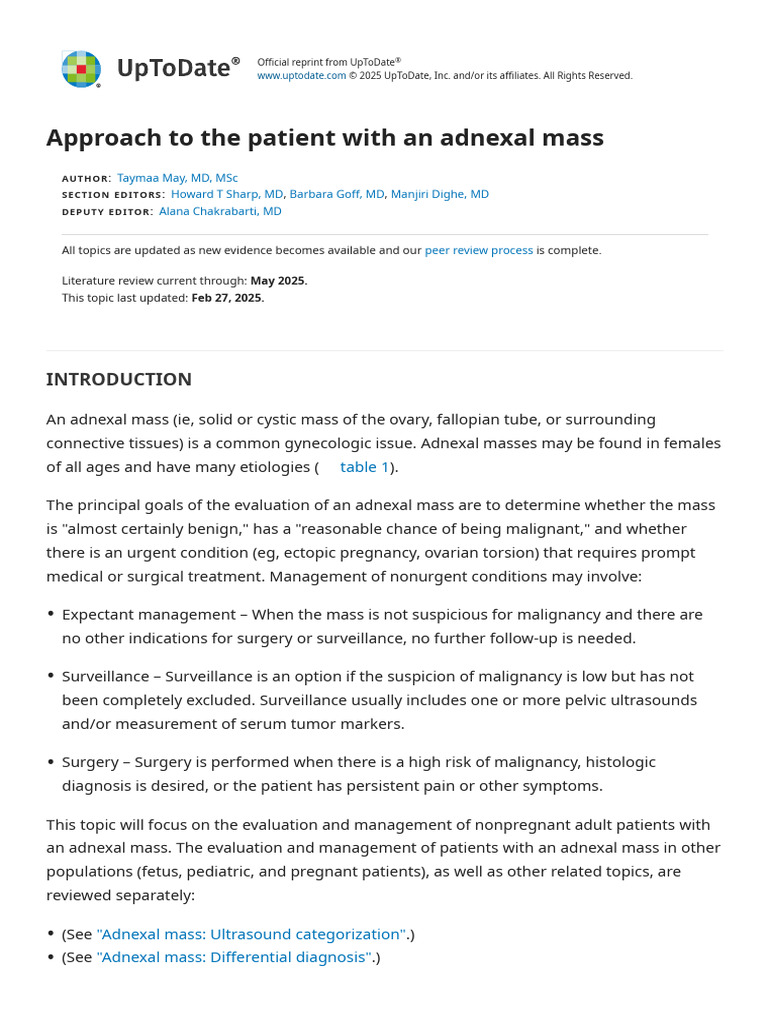 Approach To The Patient With An Adnexal Mass - UpToDate | PDF | Ovarian Cancer | Menopause