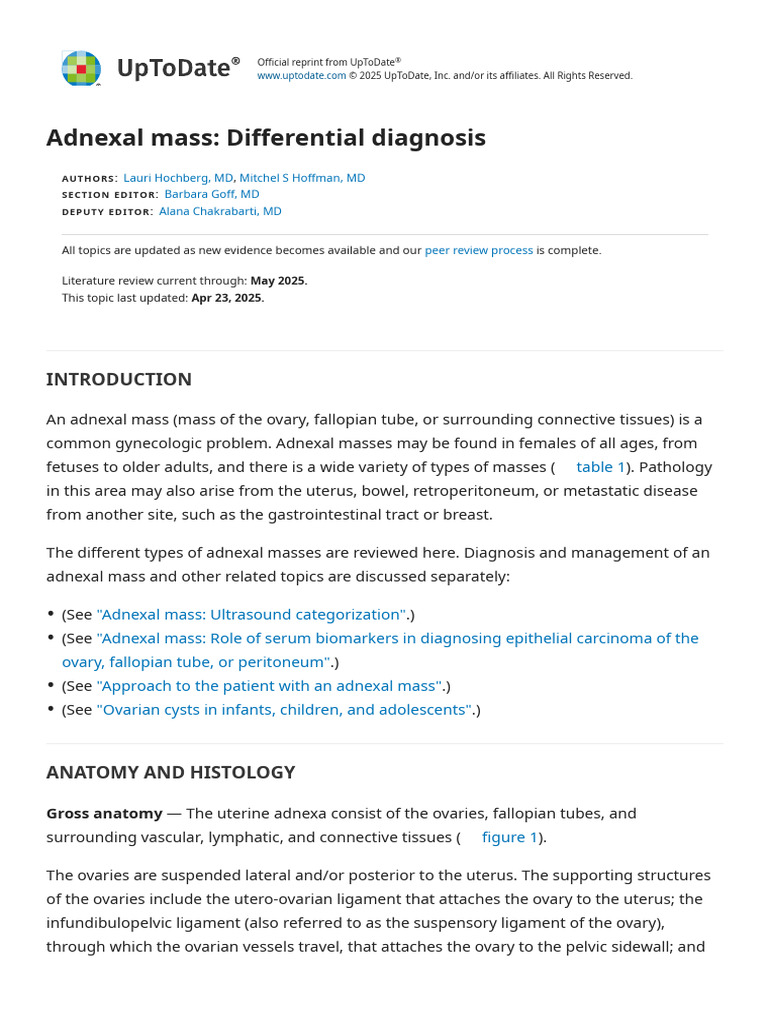 Adnexal Mass - Differential Diagnosis - UpToDate | PDF | Ovary | Ovarian Cancer