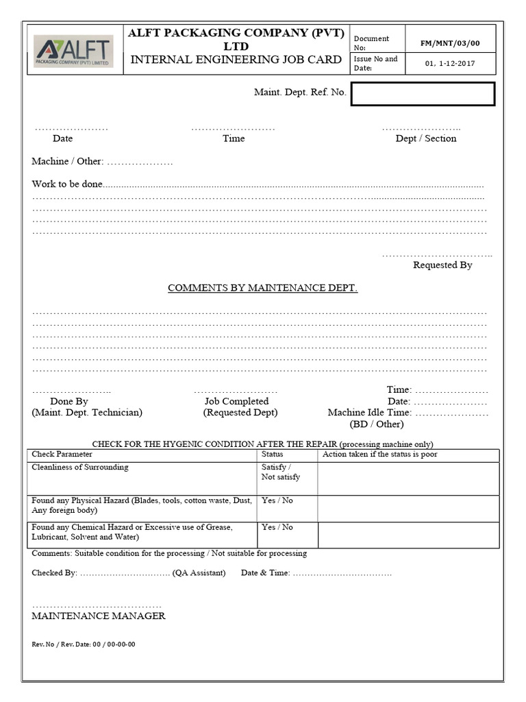 Internal Engineering Job Card | PDF