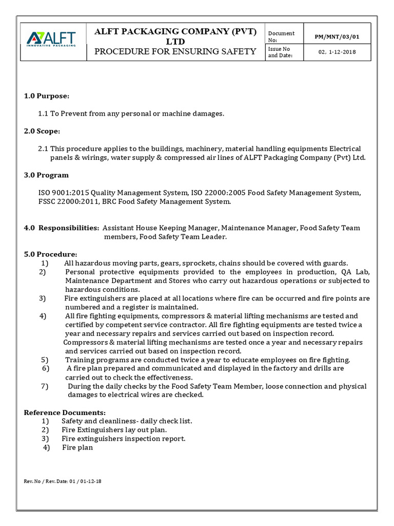 Procedure For Ensuring Safety Rev 1 | PDF | Food Safety | Firefighting