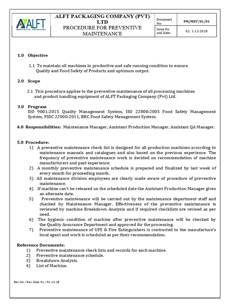 Preventive Maintenance Procedure Guide | PDF | Food Safety | Quality
