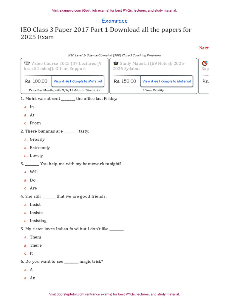 IEO Class 3 Paper 2017 Questions | PDF | Wright Brothers | Aviation