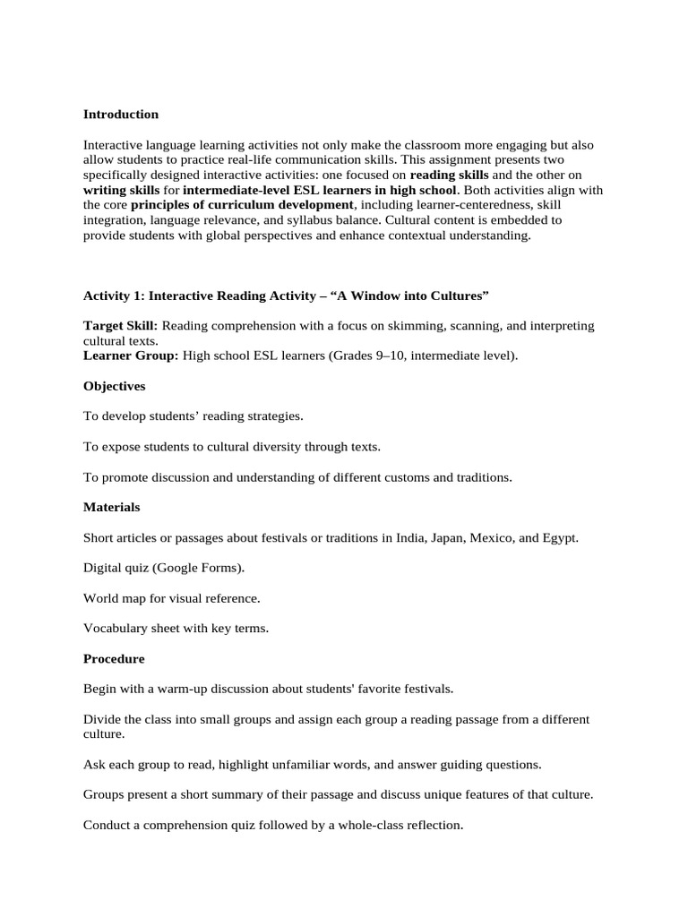 Interactive ESL Activities for Culture Learning | PDF | Reading ...