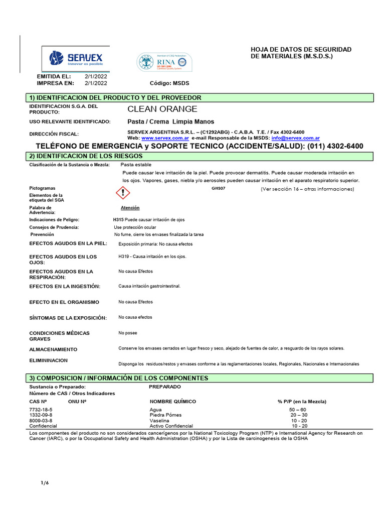 MSDS Clean Orange: Seguridad y Manejo | PDF | Agua | Residuos