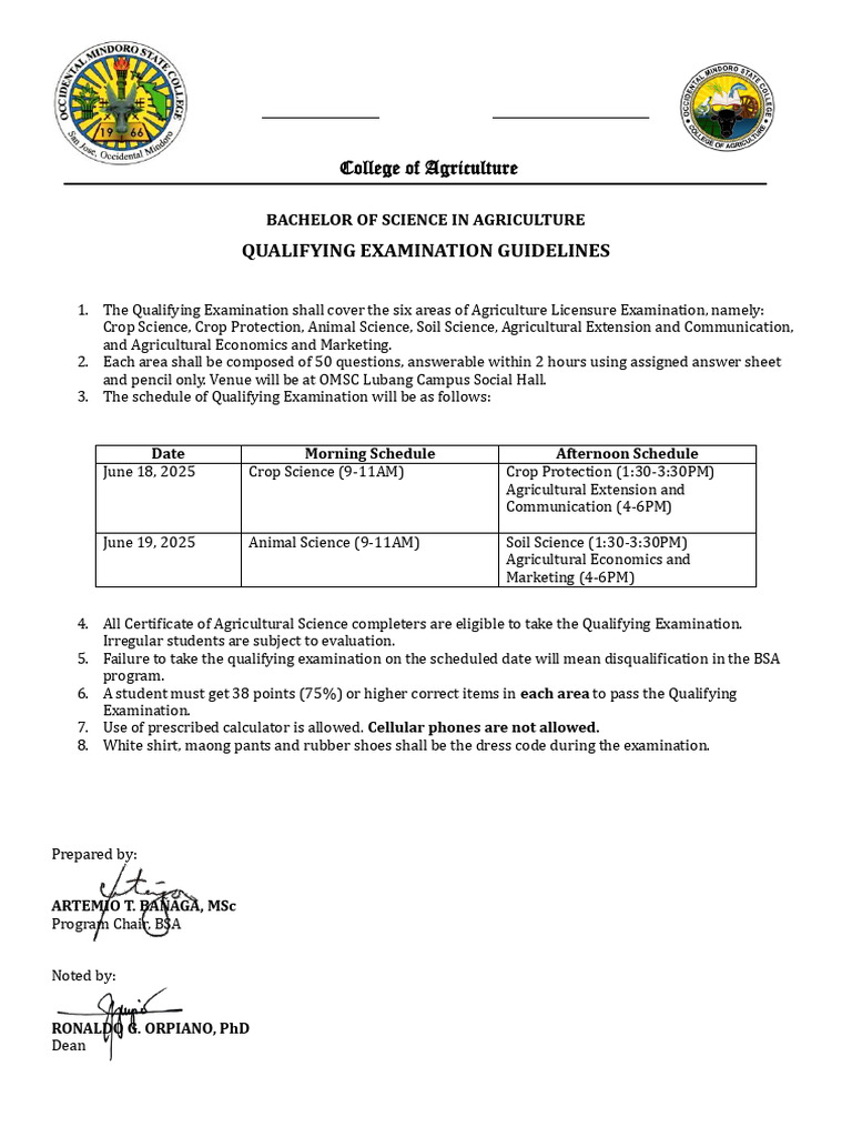 Qualifying Examination Guidelines Lubang 2025 | PDF