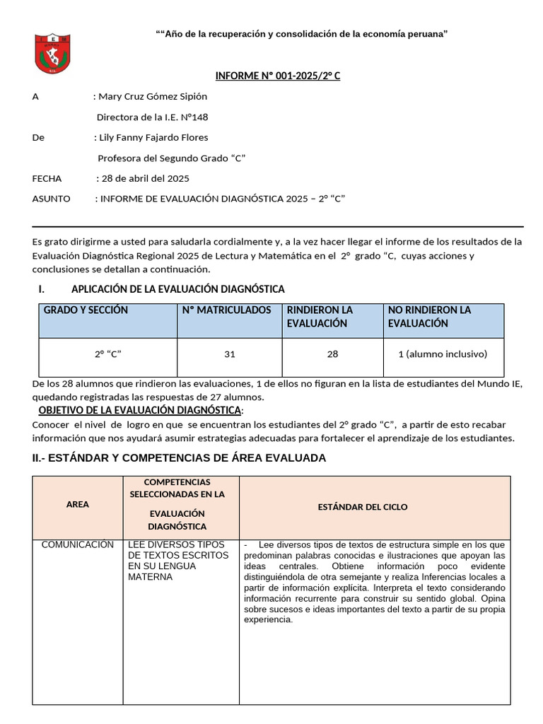 Informe de Evaluación Diagnóstica 2025 - Segundo Grado C | PDF | Sustracción | Investigación ...